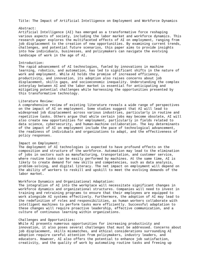 The Impact of Artificial Intelligence On Employment and Workforce Dynamics | Download Free PDF ...