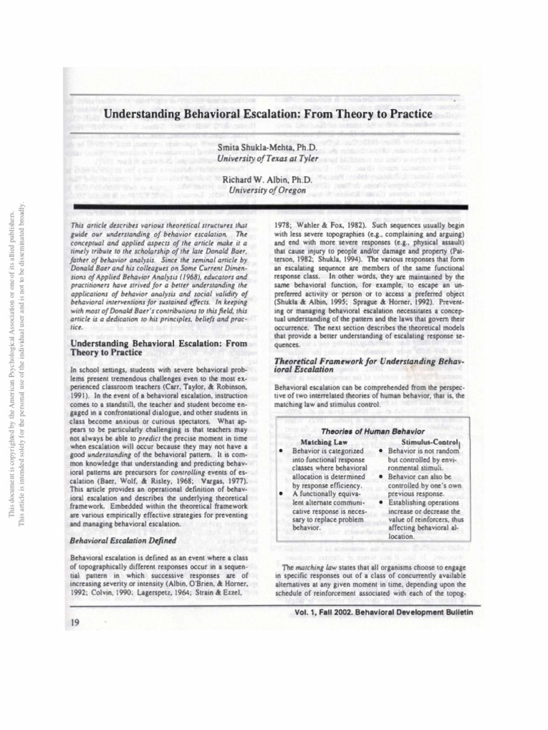 Smita Shukla-Mehta & Richard Albin - Understanding Behavioral Escalation. From Theory To ...