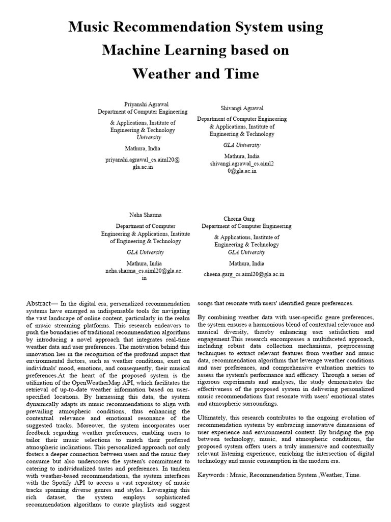 Music Recommendation Using Machine Learning Based On Weather and Time ...