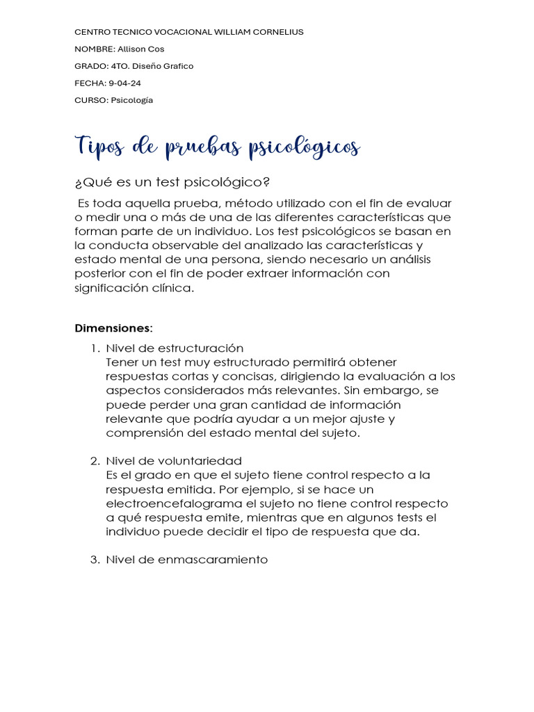 Tipos de Pruebas Psicologicas | PDF | Sicología | Inteligencia Tipos de Pruebas Psicologicas | PDF | Sicología | Inteligencia