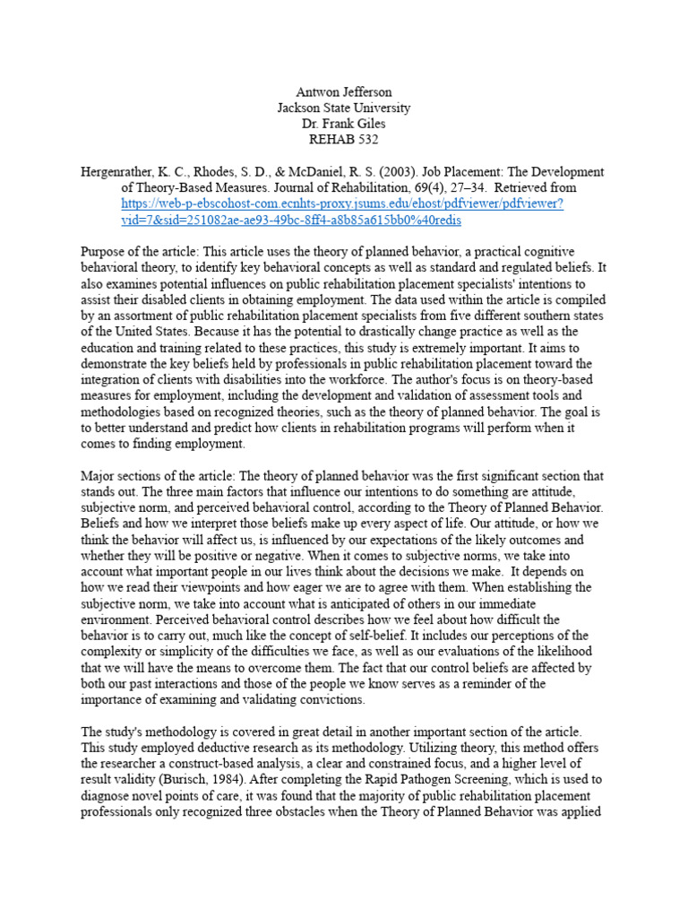 Antwon J's Article 1 | PDF | Rehabilitation Counseling | Attitude ...