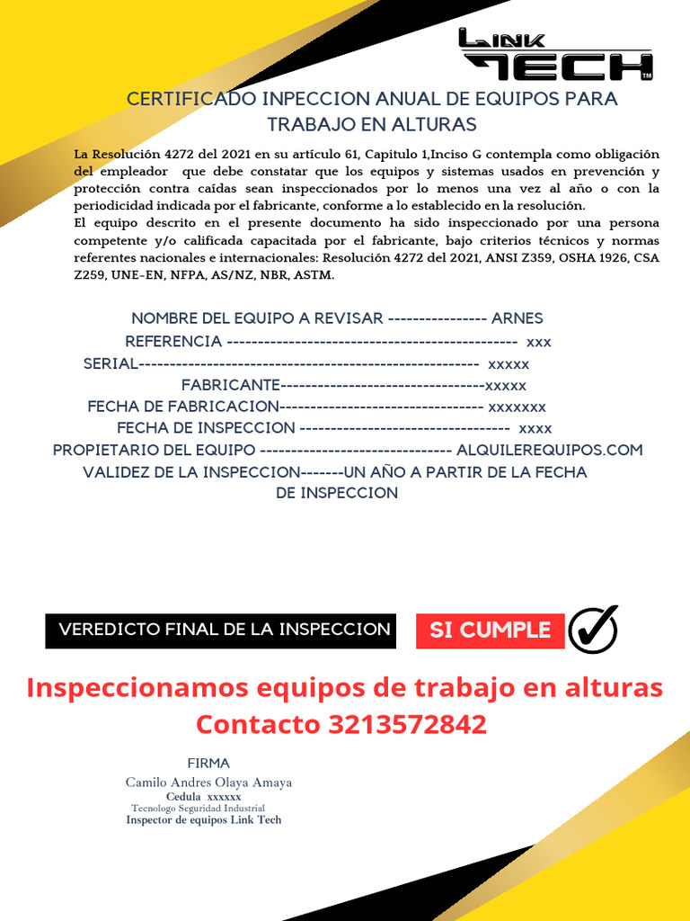 Certificado Inspección Anual de Equipos de Trabajo en Alturas | PDF