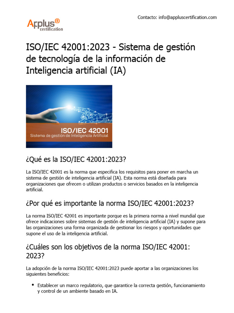 Iso Iec 42001 2023 Sistema de Gestion de Tecnologia de La Informacion de Inteligencia Artificial ...