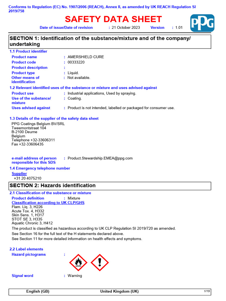 Amershield Cure Safety Data Sheet | PDF | Chemistry