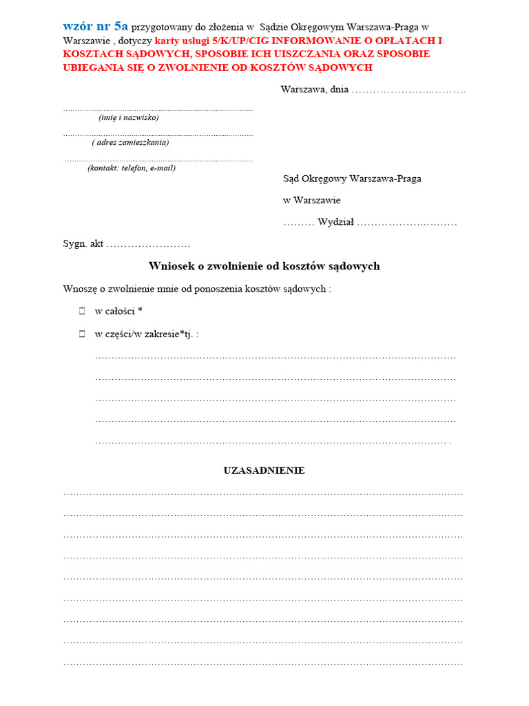 wzór 5 a wniosek o zwolnienie od kosztów sądowych | PDF wzór 5 a wniosek o zwolnienie od kosztów sądowych | PDF