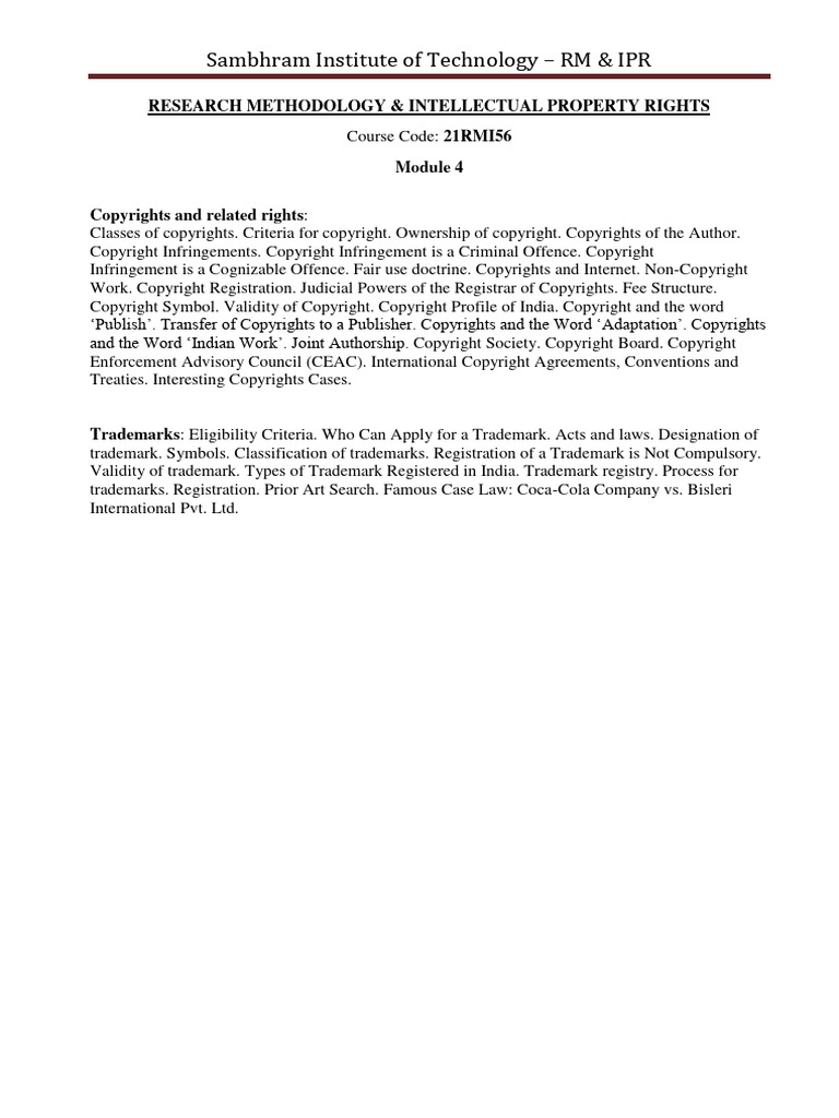 RM & IPR Module 4 | PDF | Copyright | Copyright Infringement