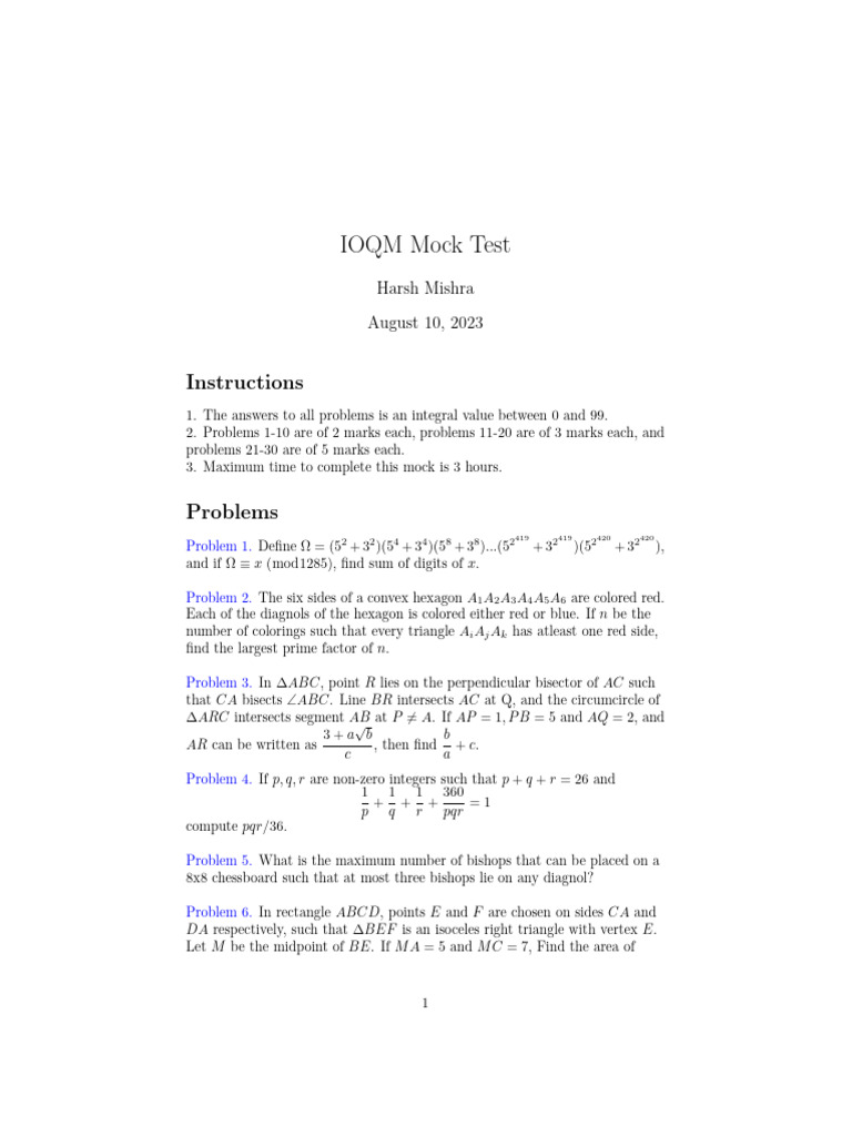 Mock - Test Maths Ioqm | PDF | Triangle | Circle