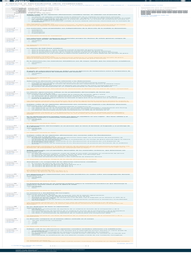 Intentos 1-4 Cuestionarios de Autoevaluación CTM EEI Uvigo | PDF | Hormigón | Aleación