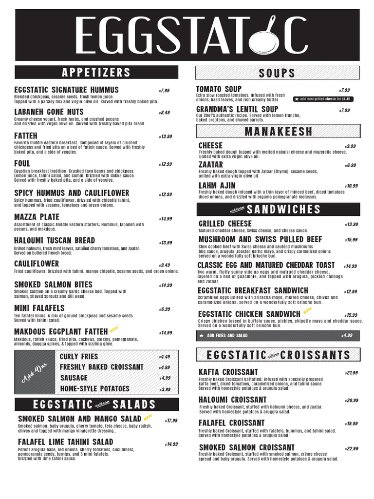 Eggstatic Menu | PDF | Pancake | Middle Eastern Cuisine