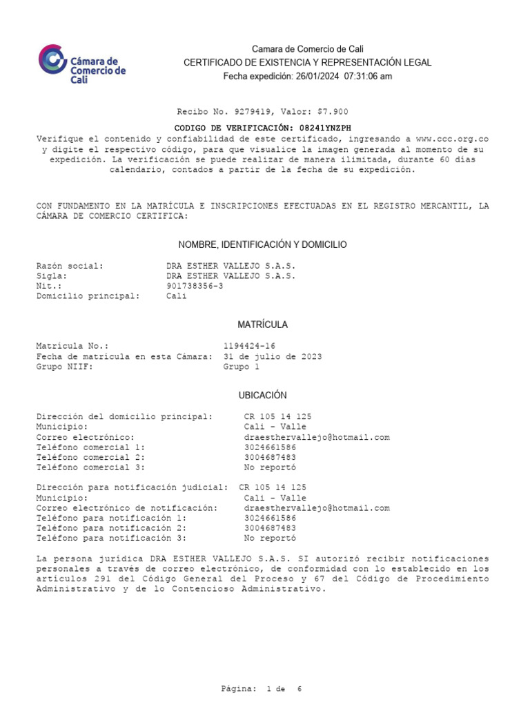 Certificado de Existencia DRA ESTHER VALLEJO S.A.S. | PDF | Documento ...