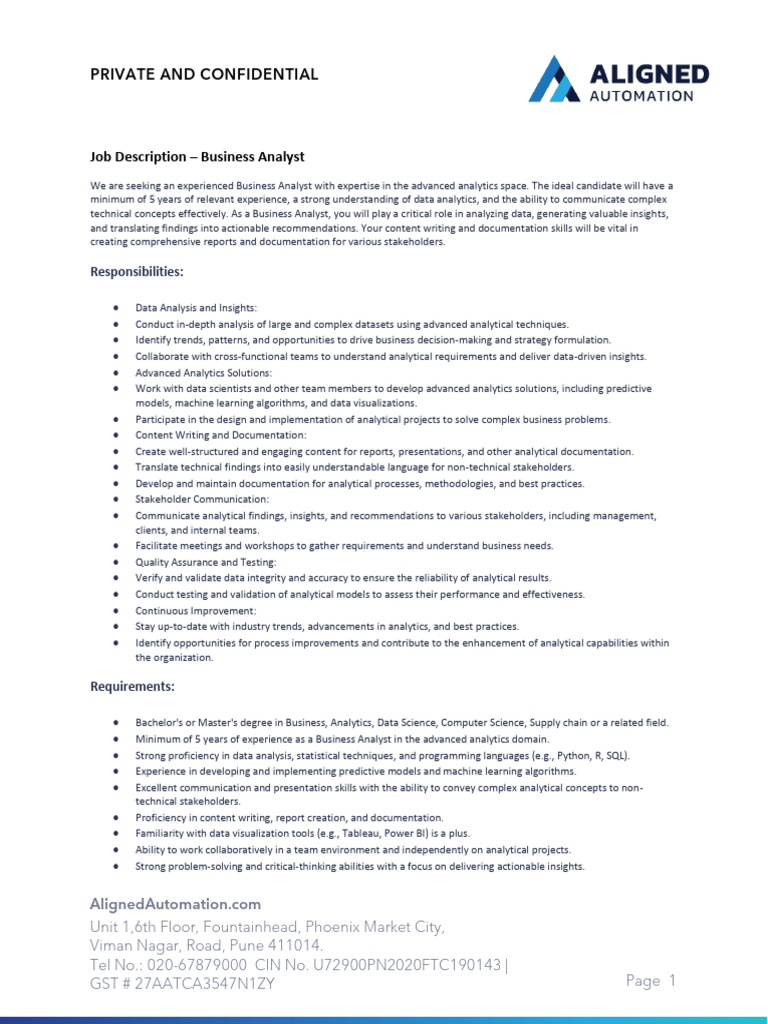 Aligned Automation - JD - Business Analyst | PDF | Data Science | Analytics