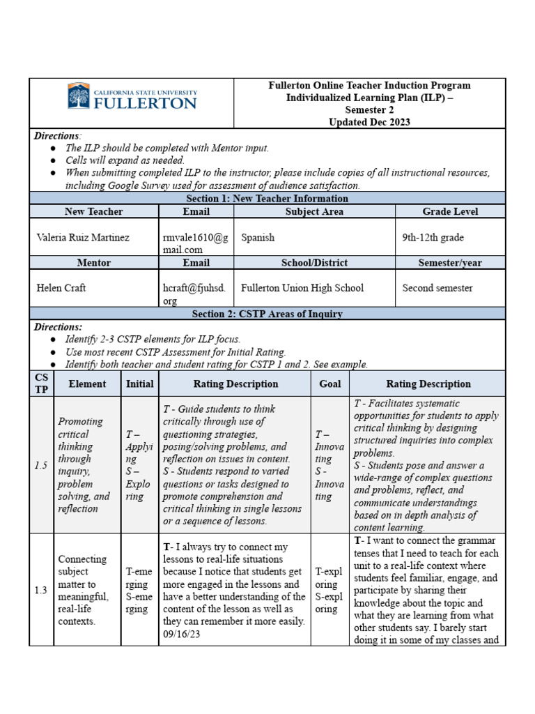 Fullerton Teacher Induction ILP Guide | PDF | Cognition | Learning