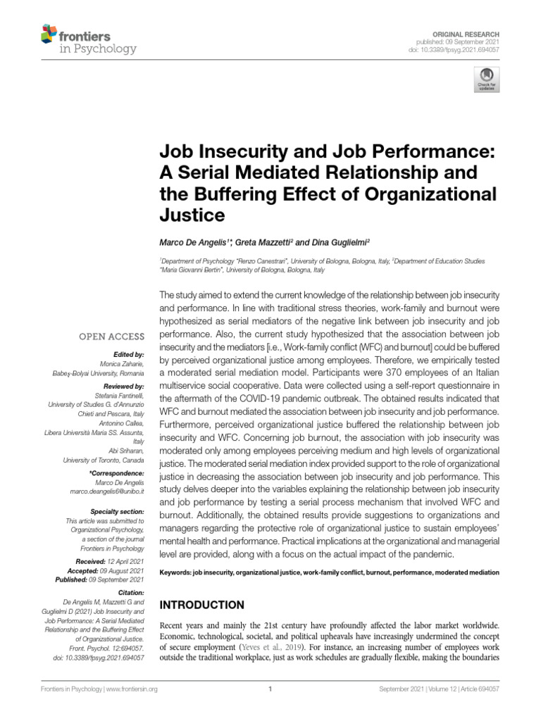 2021 Job Insecurity and Job Performance | PDF | Employment | Occupational Burnout