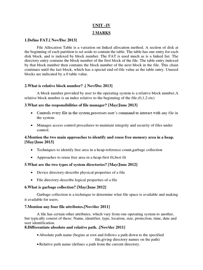 Os-Unit 4 QB | PDF | Computer File | File System
