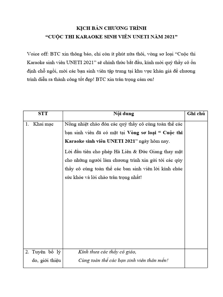MC Script Karaoke SV UNETI 2021 | PDF