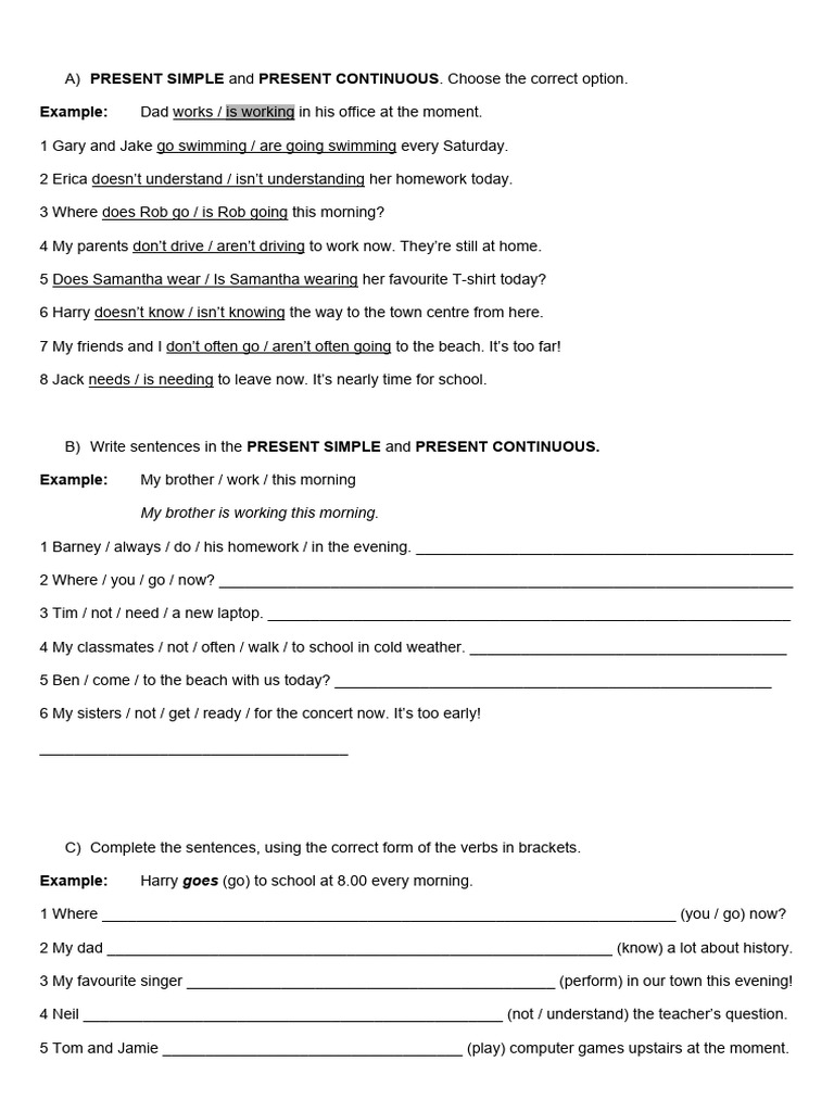 Present Simple vs. Present Continuous Exercises | PDF | Linguistics ...