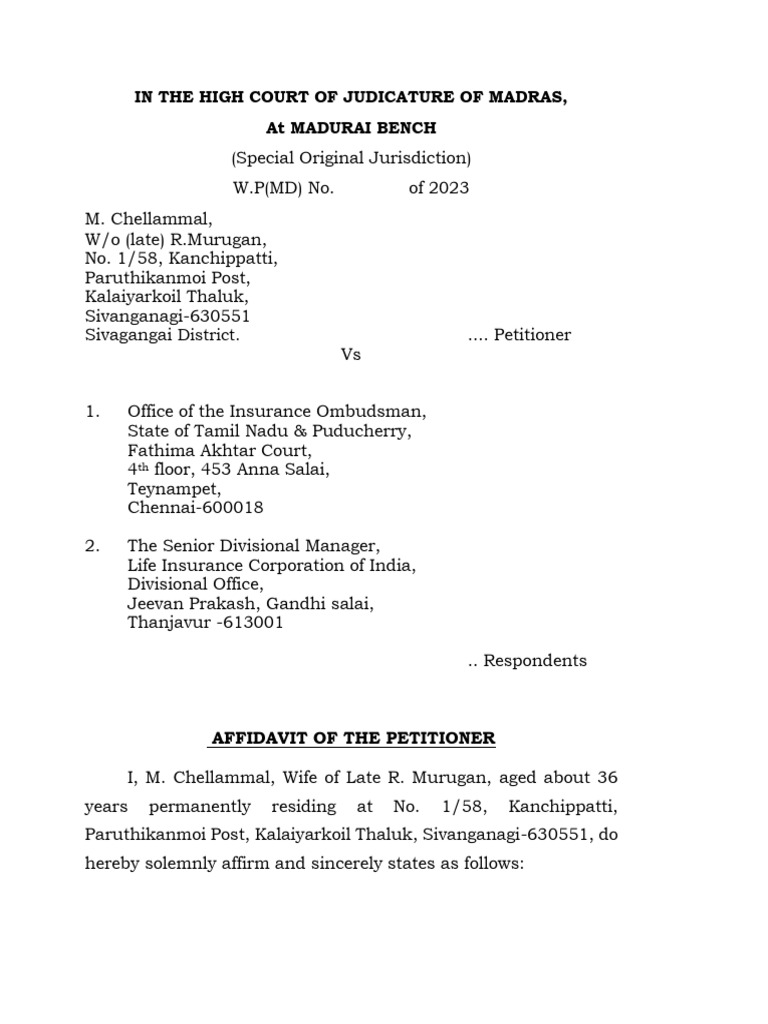 Chelammal Writ Petition Draft | PDF | Insurance | Mandamus