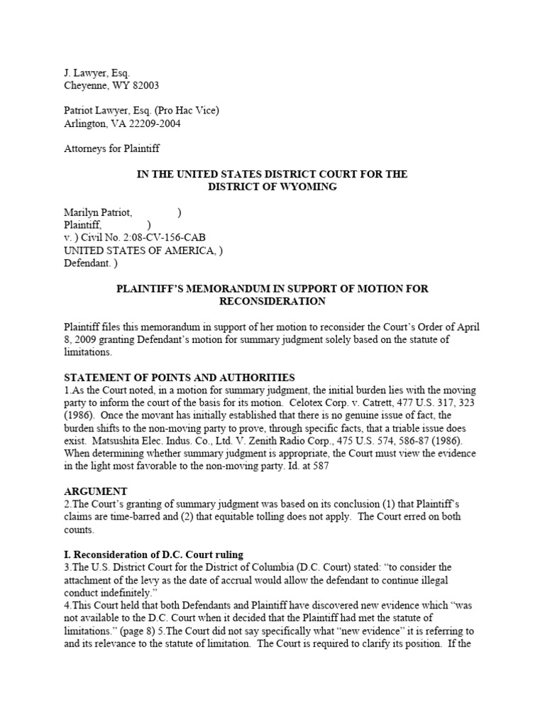 Plaintiff's Memorandum in Support of Motion For Reconsideration (Template) | PDF | Lawsuit ...