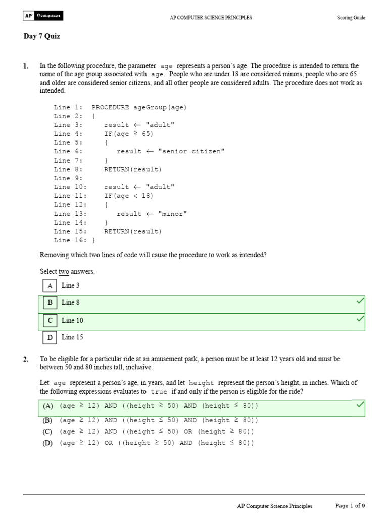 Age Group and Algorithm Quiz Solutions | PDF