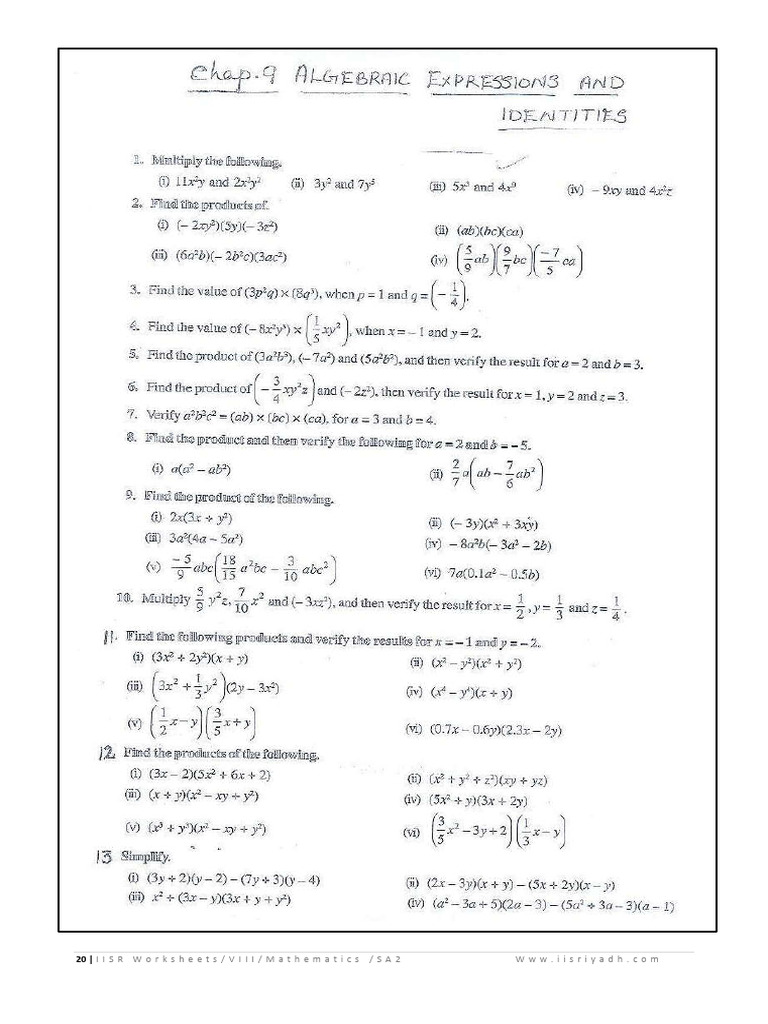 IISR Mathematics Worksheets SA2 | PDF
