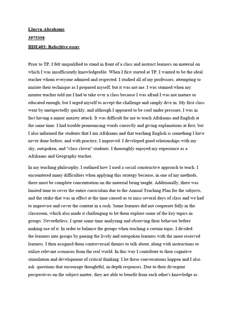 HDE403 Reflective Essay Assignment | PDF | Learning | Teachers