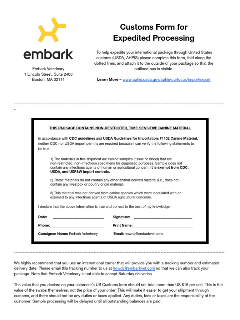 Embark Customs Form For Expedited Processing | PDF | Customs