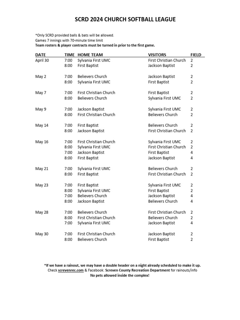 SCRD 2024 Church Softball Schedule | PDF | Games Of Physical Skill ...