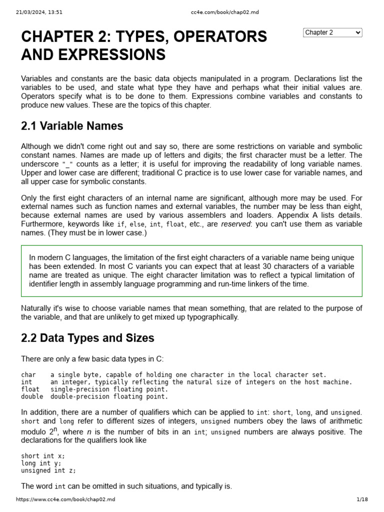C Programming Types And Expressions Pdf Integer Computer Science 2146