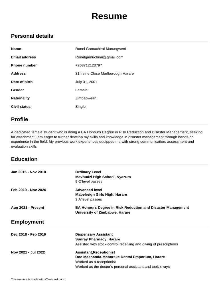 Ronel Gamuchirai's Resume | PDF | Zimbabwe