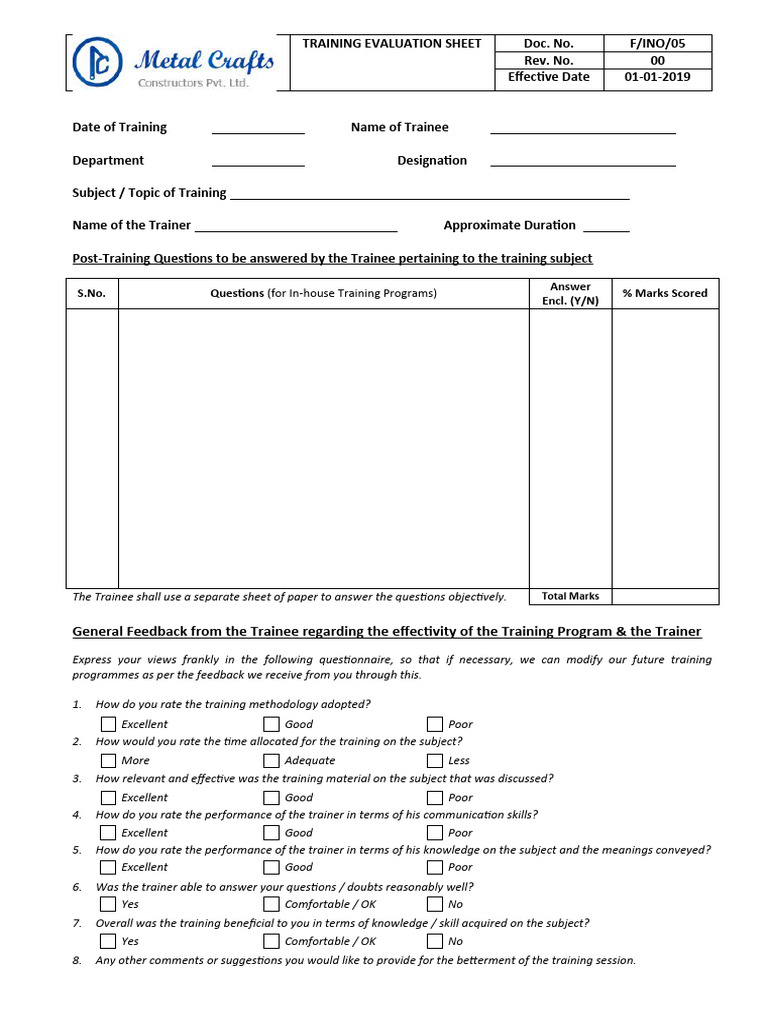 F-INO-05 Training Evaluation Sheet | PDF | Evaluation | Knowledge