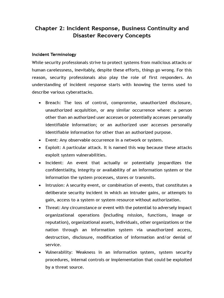 Chapter 2 - Incident Response, Business Continuity and Disaster ...