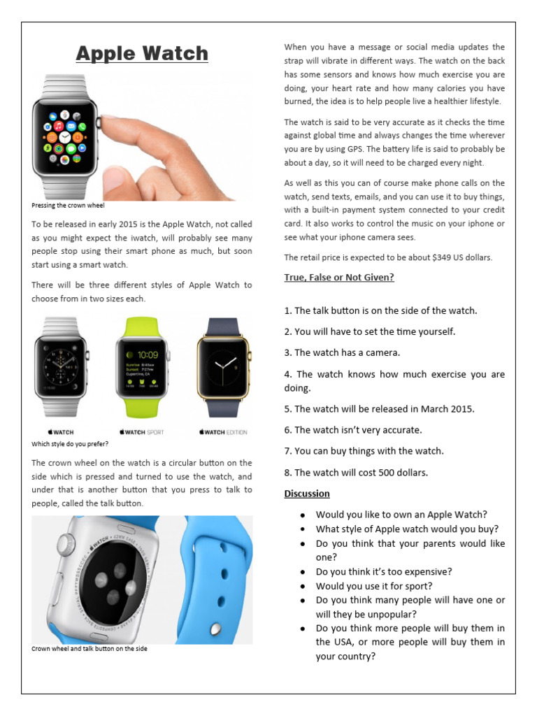 Apple Watch Reading Comprehension Exercises - 74318 | PDF | Apple Watch ...