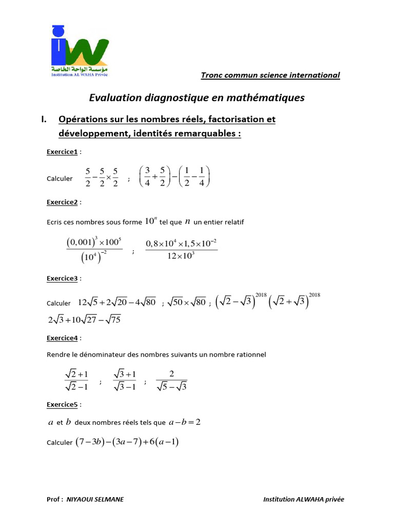 Evaluation Diagnostique Maths Tronc Commun Sciences PDF 8 | PDF ...