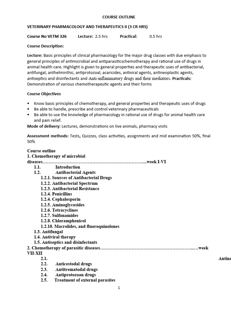 Veterinary Pharmacology Course Outline | PDF | Antimicrobial | Penicillin