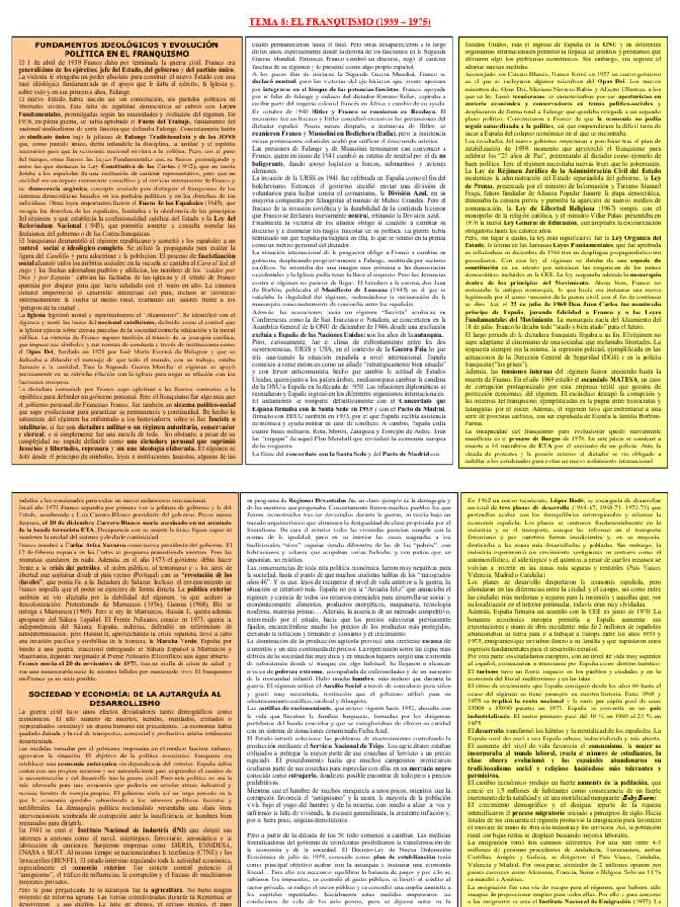 Tema 8 El Franquismo 1939 1975 Pdf Francisco Franco España