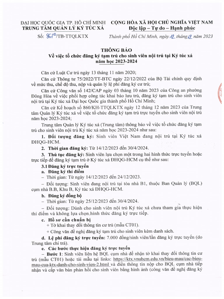 861a TB To Chuc Dang Ky Tam Tru Cho SV Noi Tru Tai KTX 2023 2024 | PDF