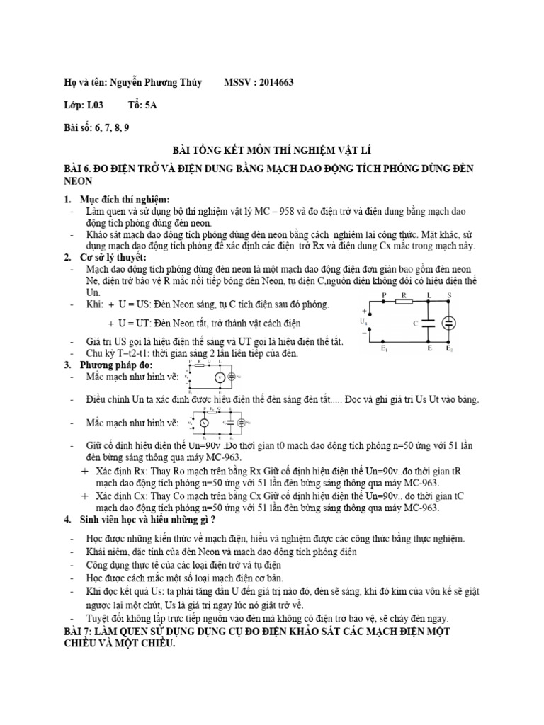 Bài tổng kết TNVL L03 - Tổ 5A - Nguyễn Phương Thúy - 2014663 | PDF