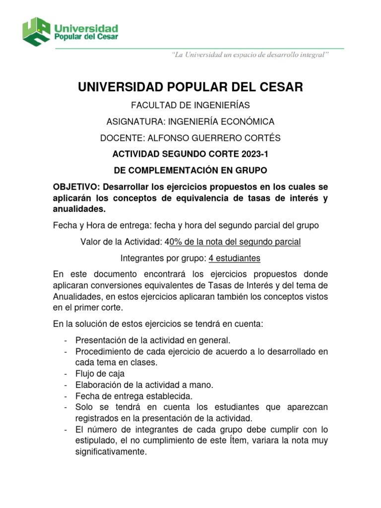 Actividad Segundo Corte 2023-1 | PDF | Interés | Crédito