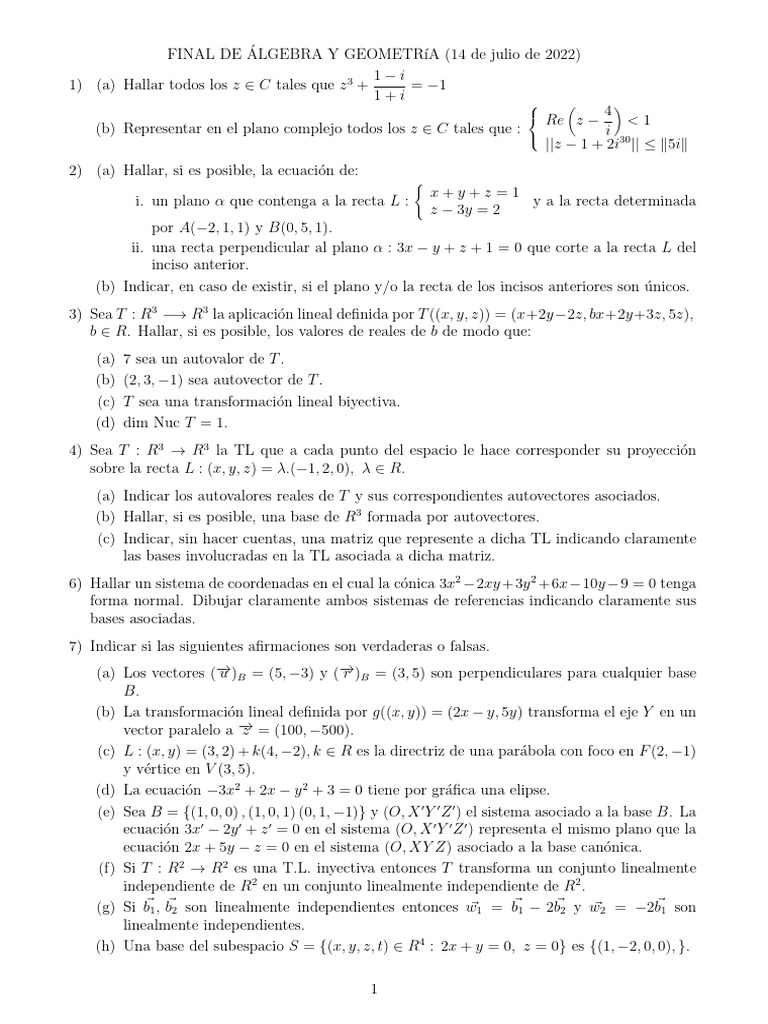 Final Regular de Algebra y Geometria | PDF | Matemáticas
