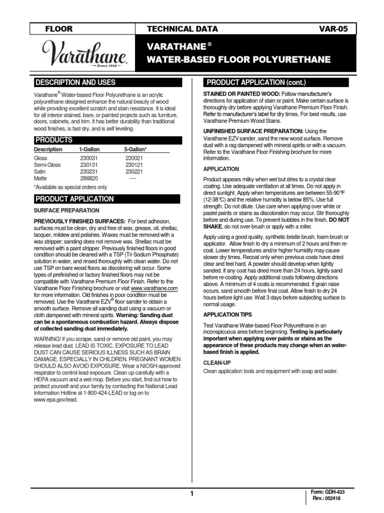 VAR-05_Varathane_Water_Based_Floor_Polyurethane_TDS | PDF | Paint ...