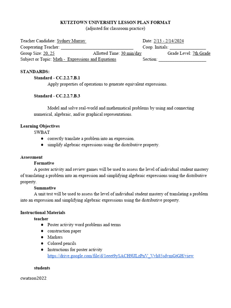 7th Grade Math Lesson Plan: Expressions | PDF | Mathematics | Learning