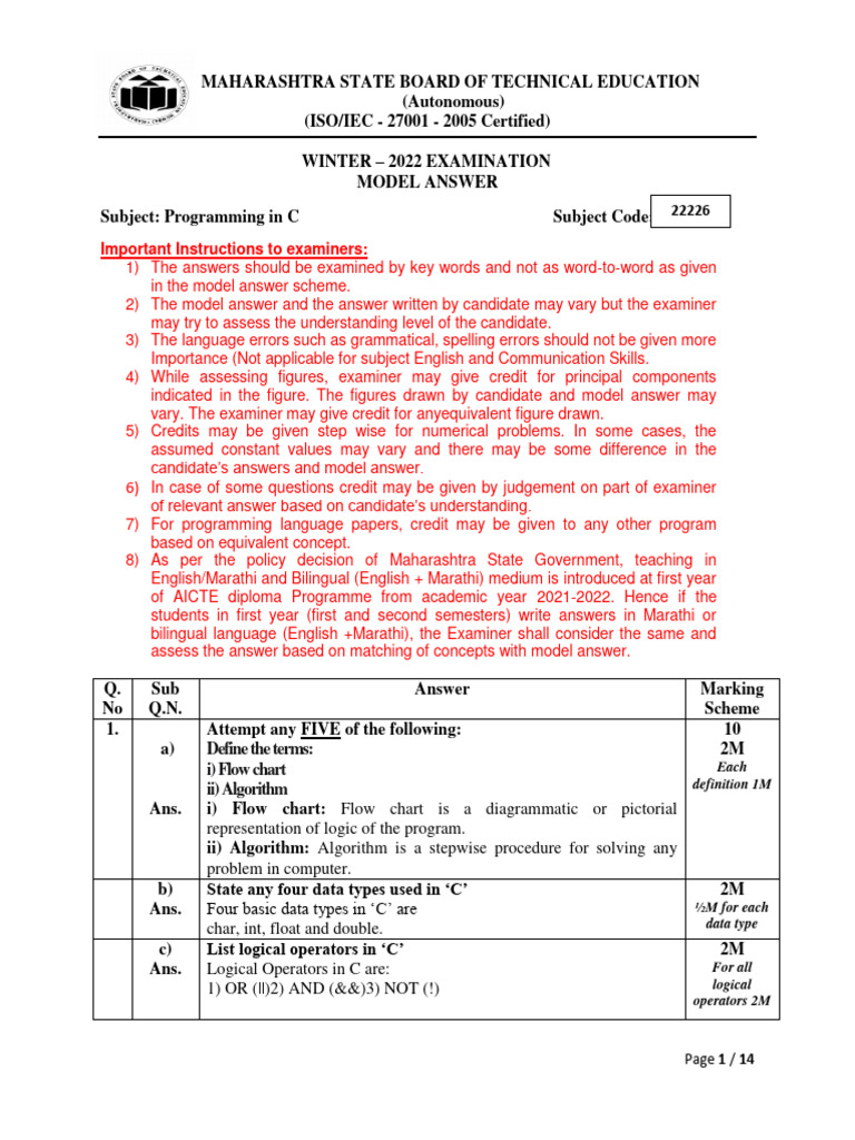 Important Instructions To Examiners:: Define The Terms: I) Flow Chart ...
