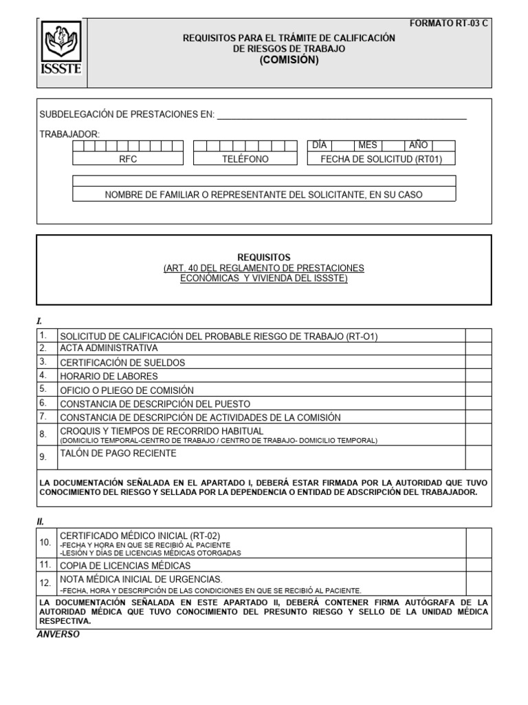 FORMATO RT 03 C RIESGO O ACCIDENTE DE TRABAJO EN COMISION | PDF