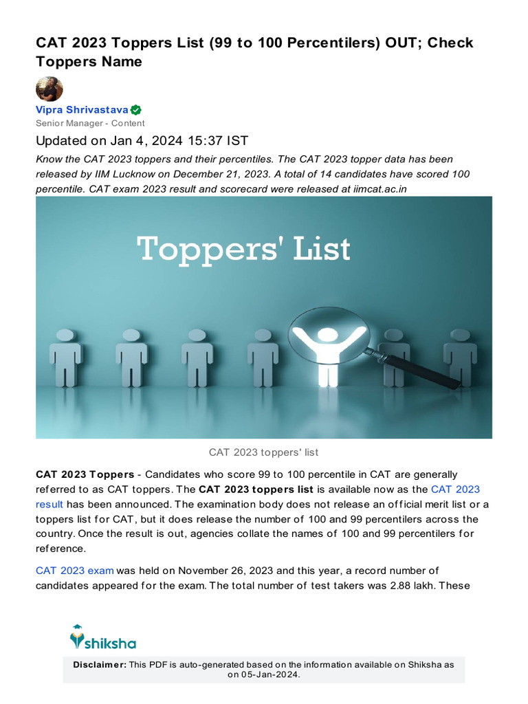 CAT 2023 Toppers List (99 To 100 Percentilers) OUT Check Toppers Name | PDF