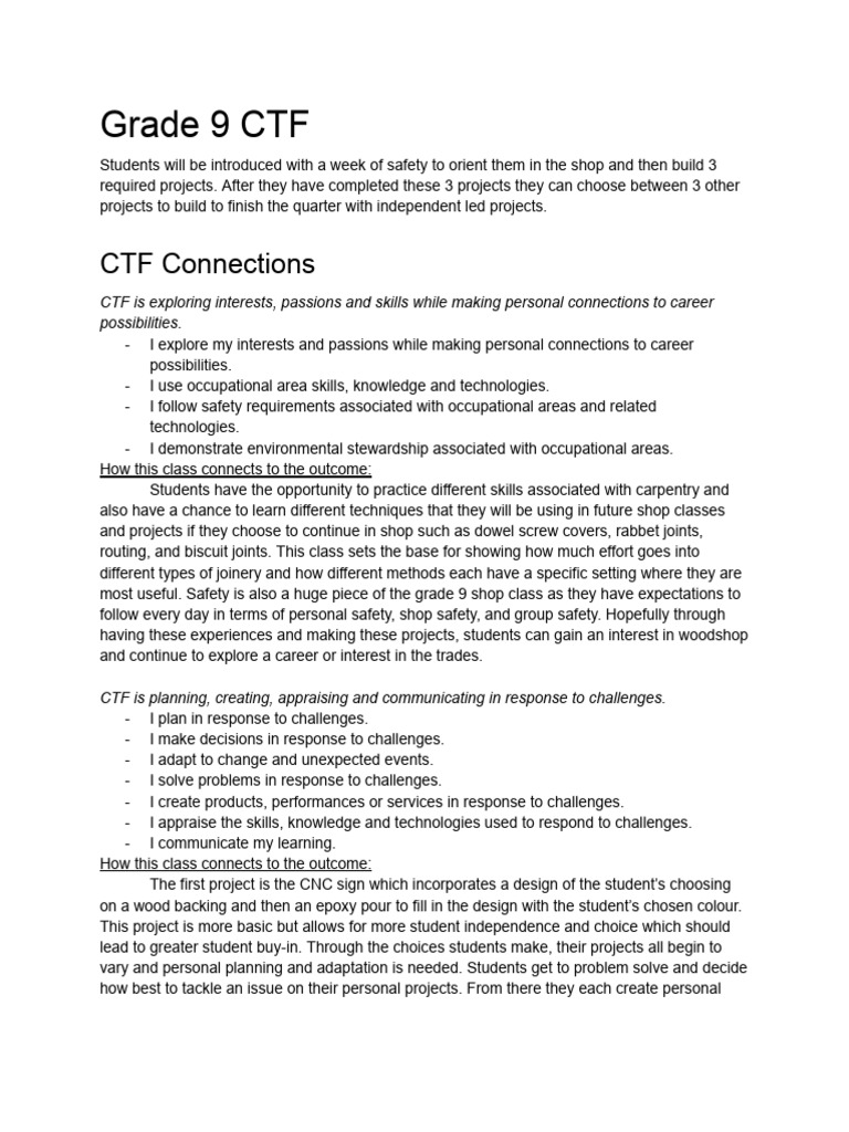 Grade 9 CTF Projects ps2 Lci | PDF | Tools | Woodworking