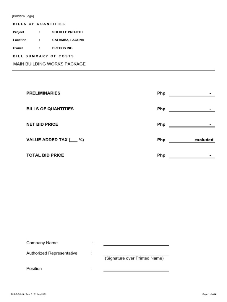 Solid LF Project Tender BOQ Main Building Works Package | PDF ...