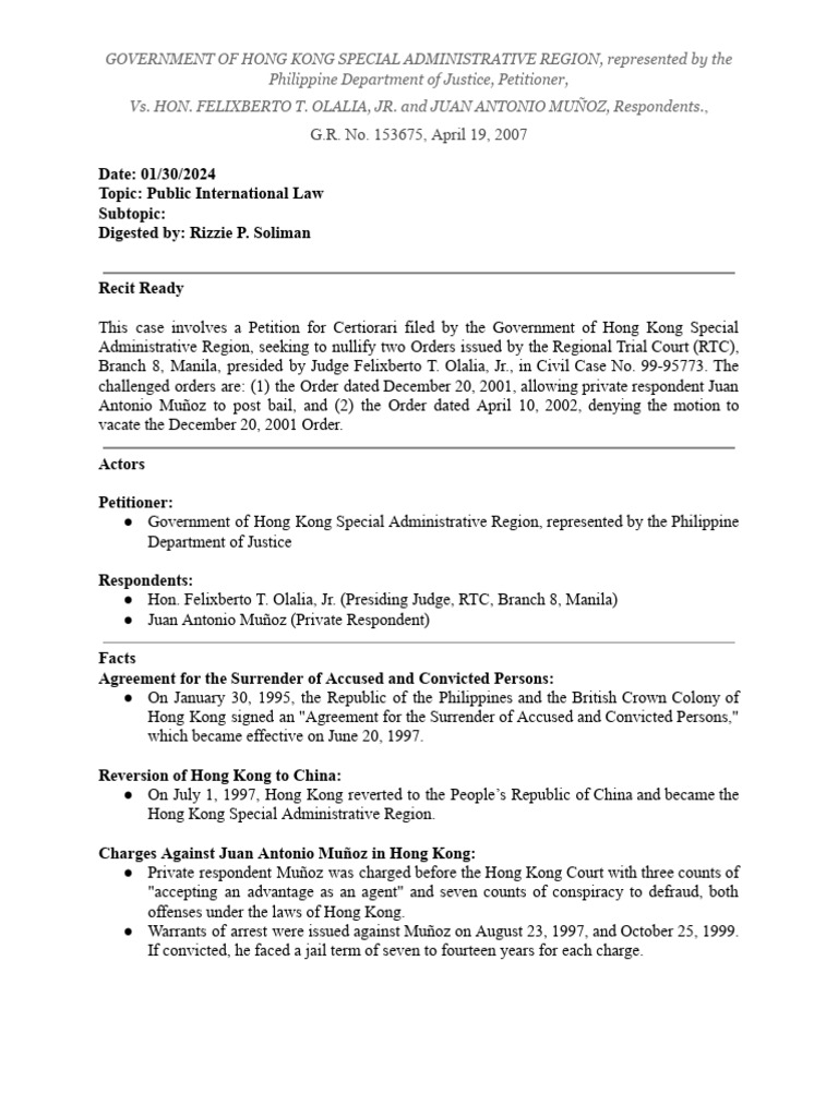 G.R. No. 153675 - Case Digest | PDF | Extradition | Bail