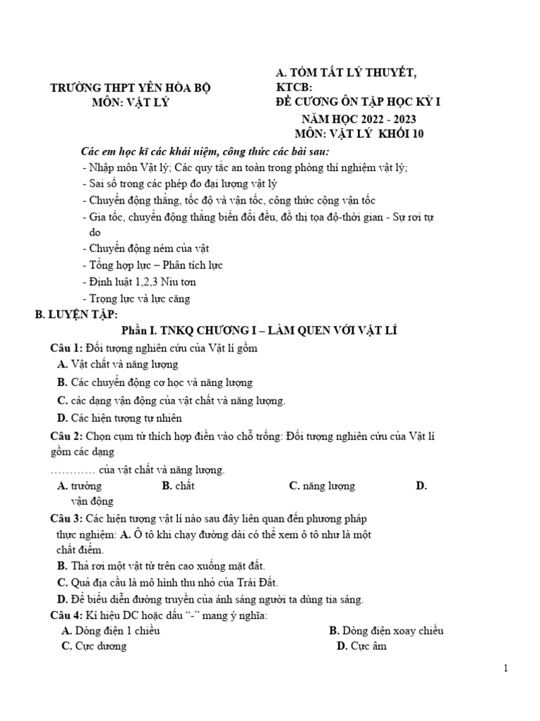 ĐỀ CƯƠNG Hs VL 10. HK1 .2022 - 23 - HS | PDF