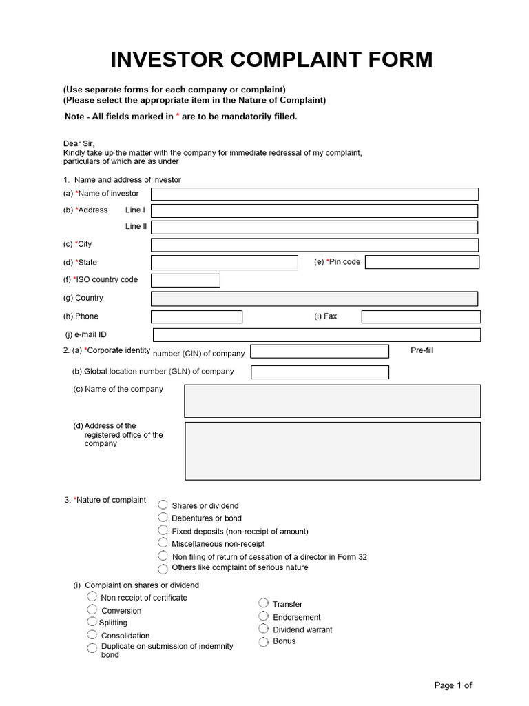 70 - Form For Filing Complaint (S) Against The Company (Investor ...