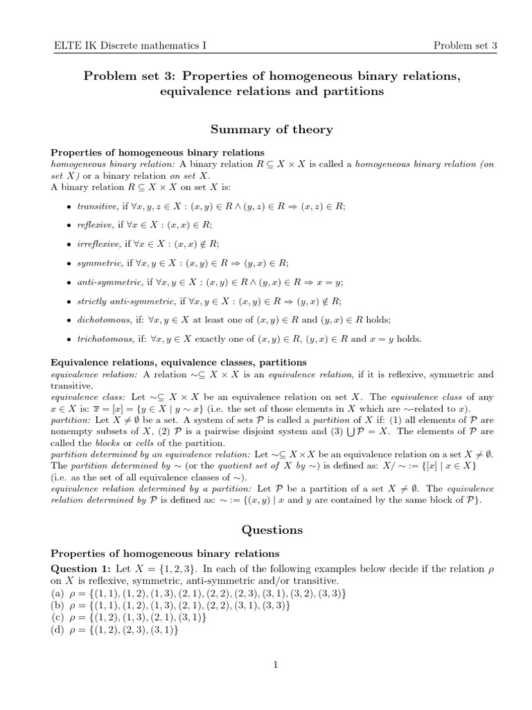 dm1 - Problem Set - 3 - Relations - 2024 Spring | PDF | Mathematical Relations | Mathematical Logic